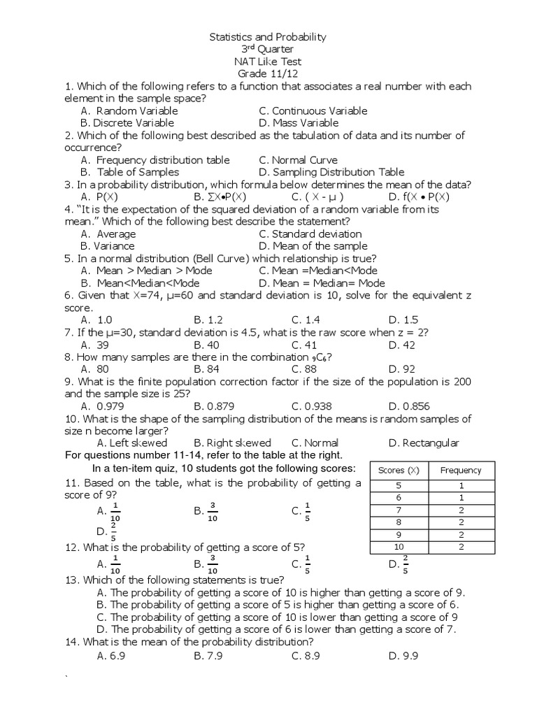 Grade 12 3rd Quarter | PDF | Mean | Variance