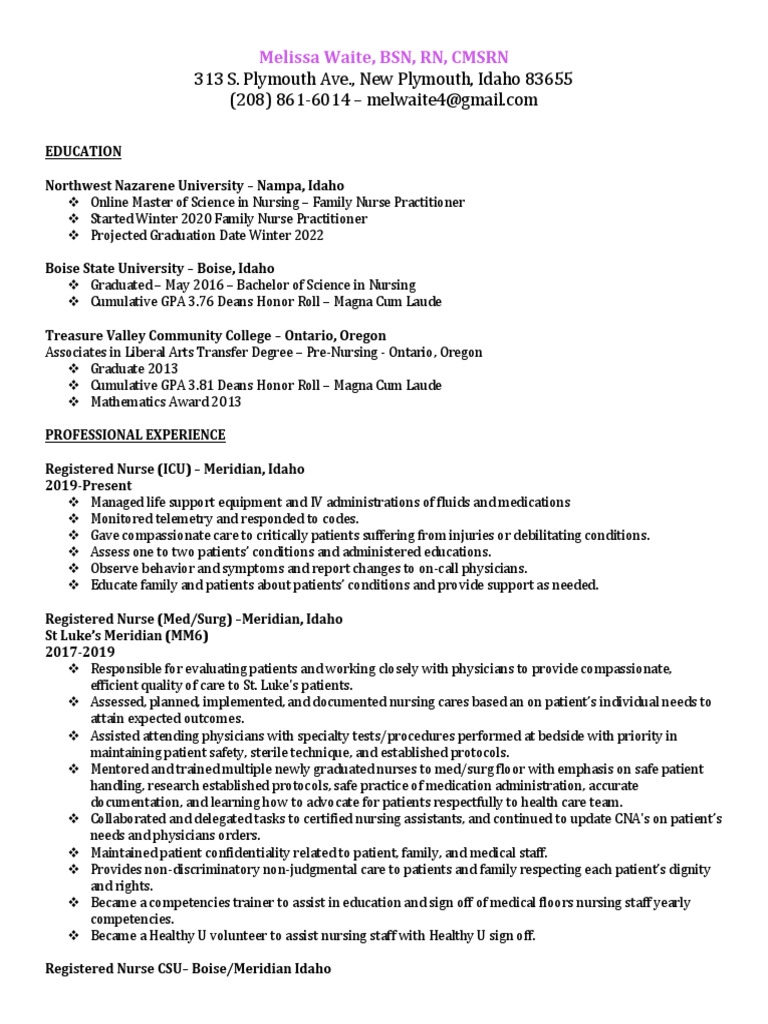 2020 Resume Melissa Waite | PDF | Nursing | Patient