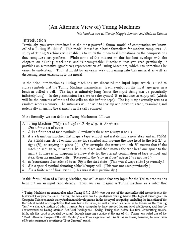 (An Alternate View Of) Turing Machines: This Handout Was Written by ...