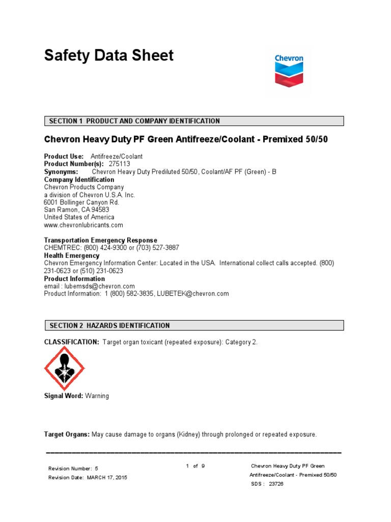 SDS Chevron HDD Antifreeze 50-50 Green | Download Free PDF | Toxicity ...
