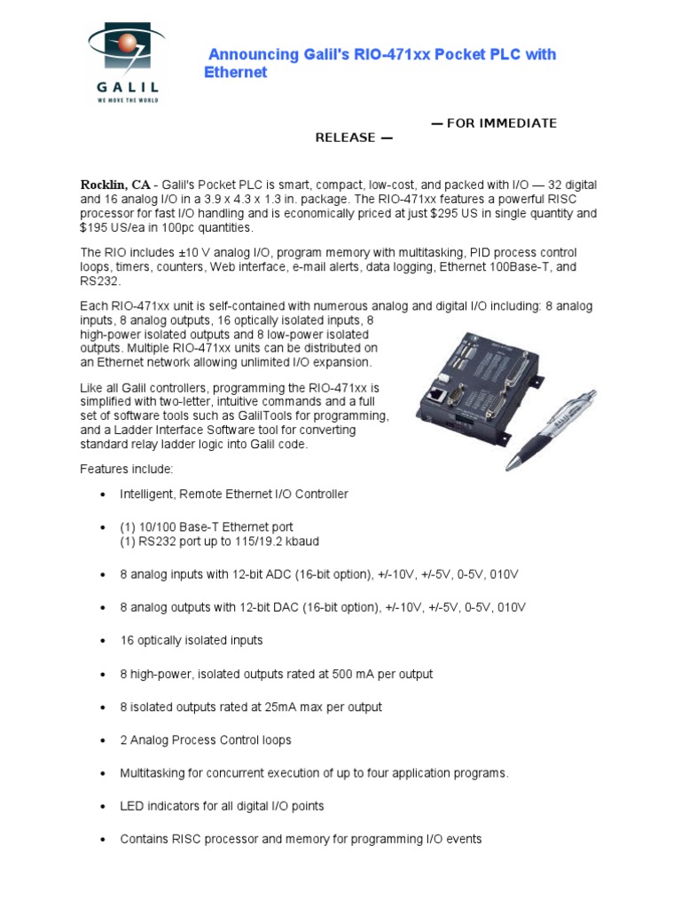 Galil RIO-471xx Press Release | PDF | Programmable Logic Controller ...
