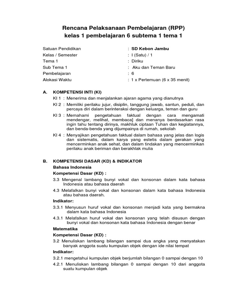 Haura - Contoh RPP Kelas 1 SD | PDF