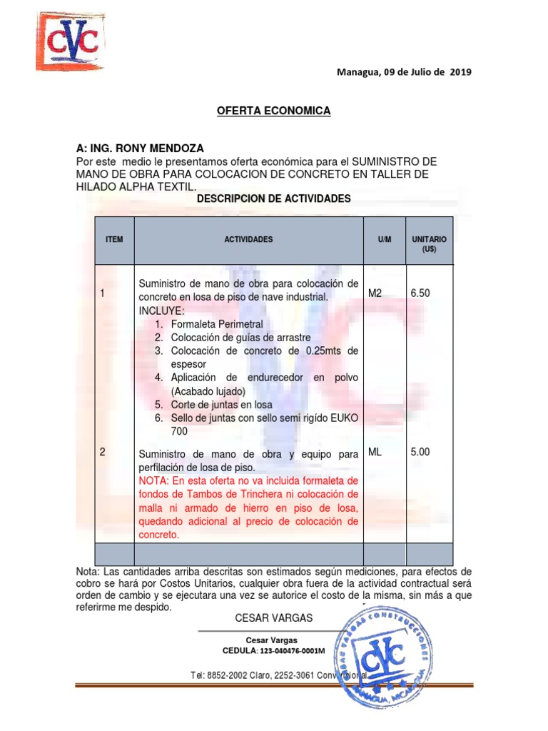 Oferta Colocación de Concreto INMSA ARGO 1 | PDF