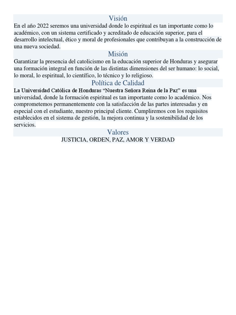 Visión-Mision-Politicade Calidad-Valores Fundamentales UNICAH | PDF ...