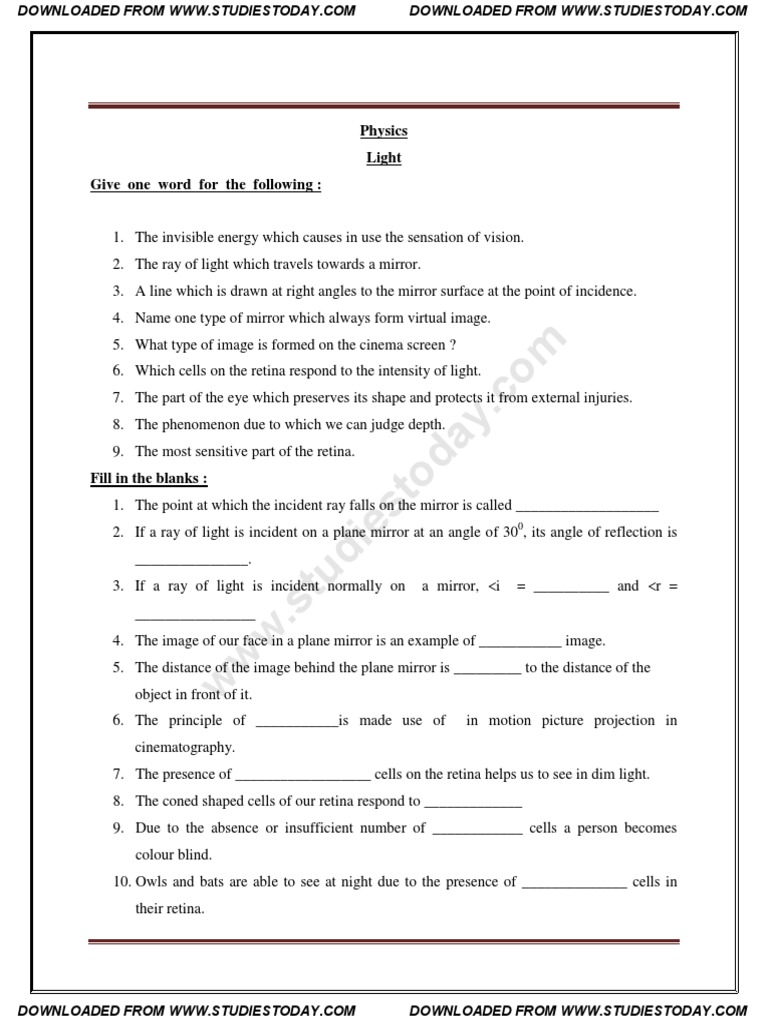 Class 8 Science Worksheet - Light | PDF | Eye | Mirror