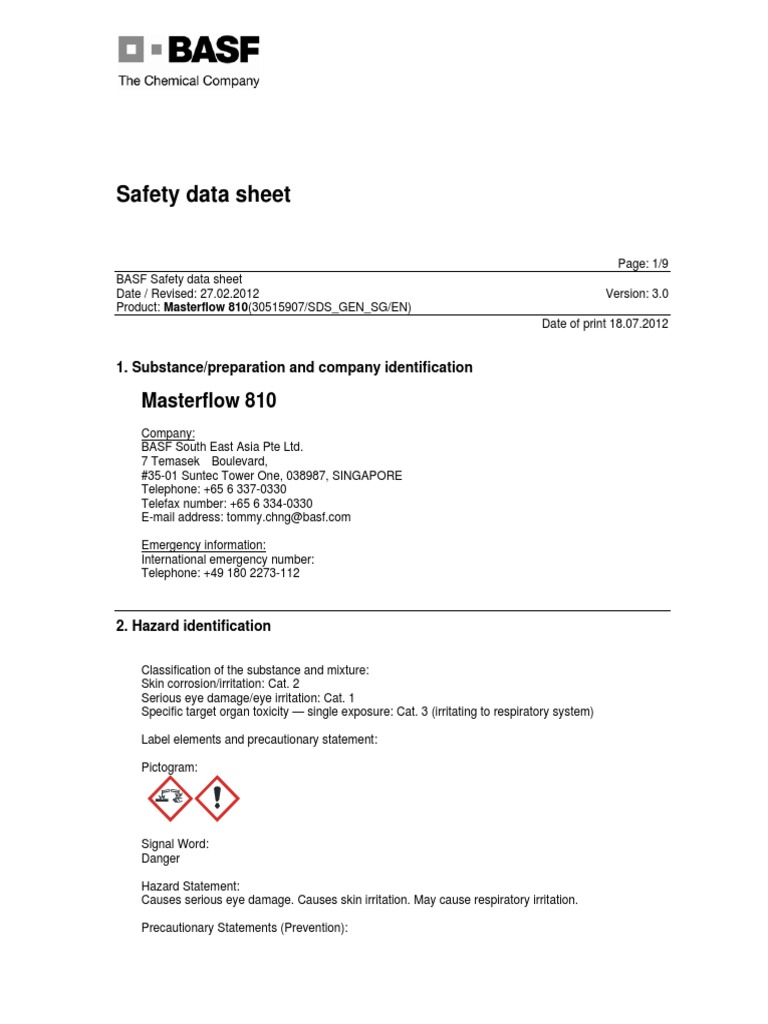 Masterflow 810 - MSDS - 270212 - SG | PDF | Toxicity | Silicon Dioxide