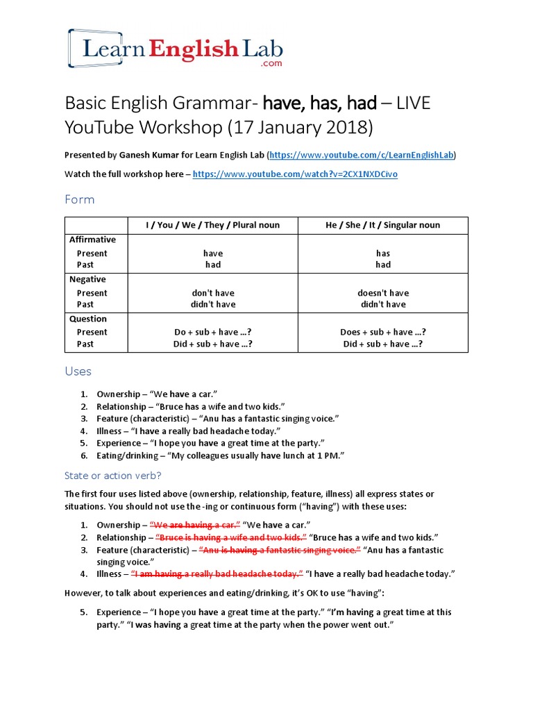 Basic English Grammar - Have, Has, Had - Lesson Notes | PDF | English ...