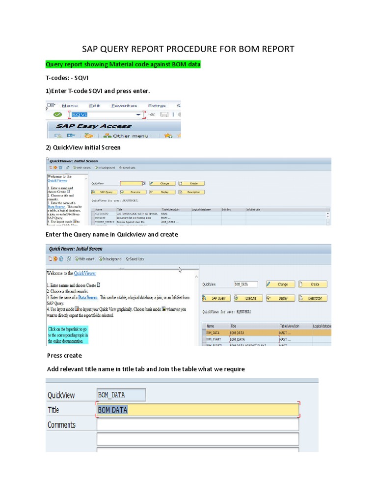 Sap Query Report For Bom - Data - Sqvi | PDF