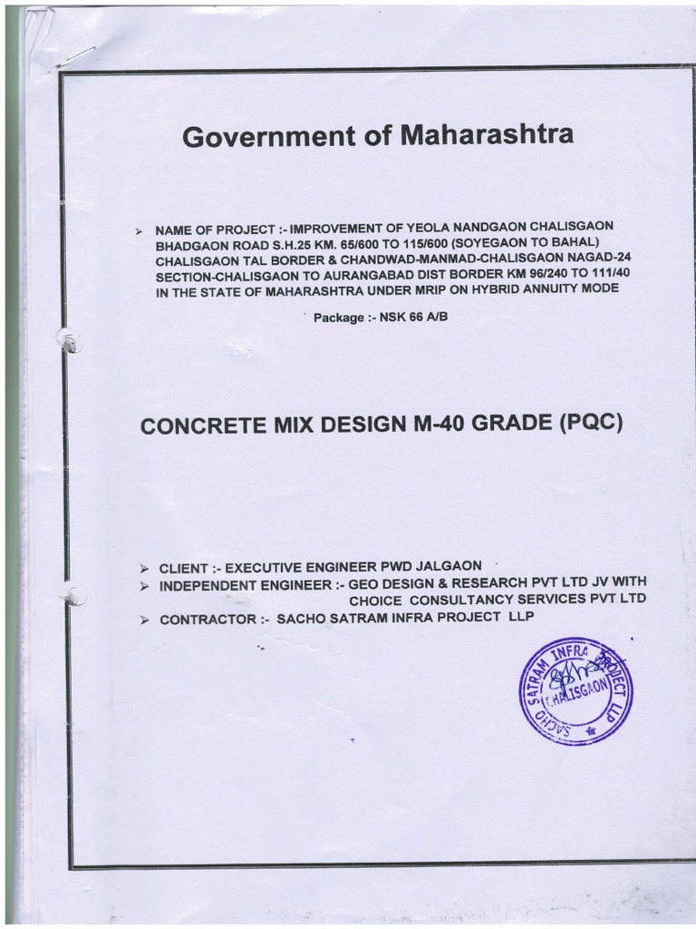 Concrete Mix Design M40 Grade PWD Jalgaon Project | PDF | Concrete | Cement