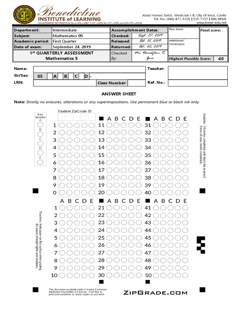 Qe1 Math 5 Q1 | PDF | Numbers | Teaching Mathematics