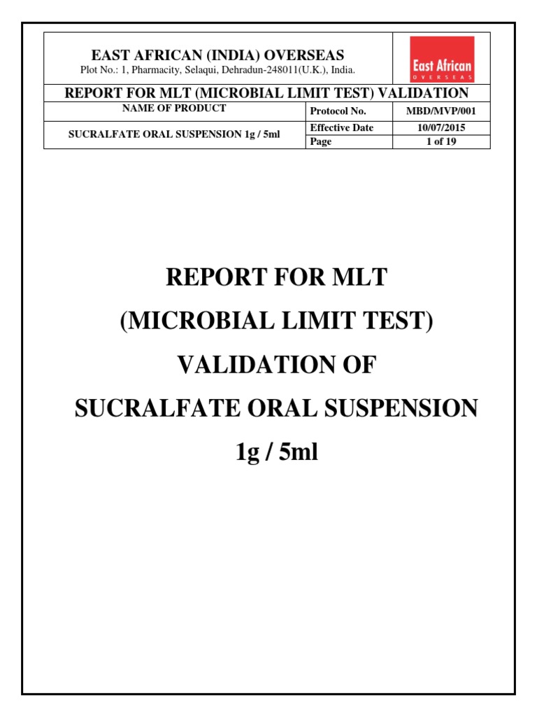 MLT Validation Report for Sucralfate | PDF | Growth Medium | Colony ...