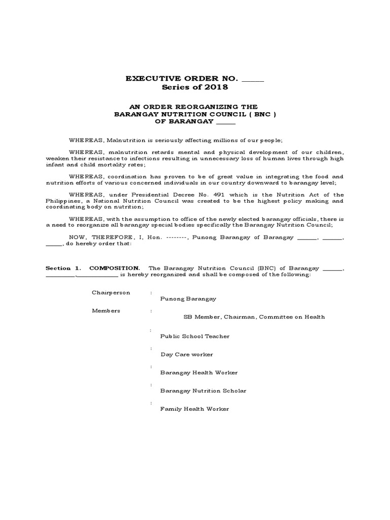 EO No. 015 - 2018 REORGANIZATION OF BNC | PDF | Malnutrition | Nutrition