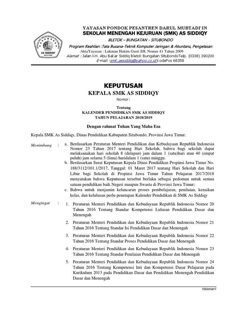 3e SK Kalender Pendidikan SMK AS SIDDIQY | PDF