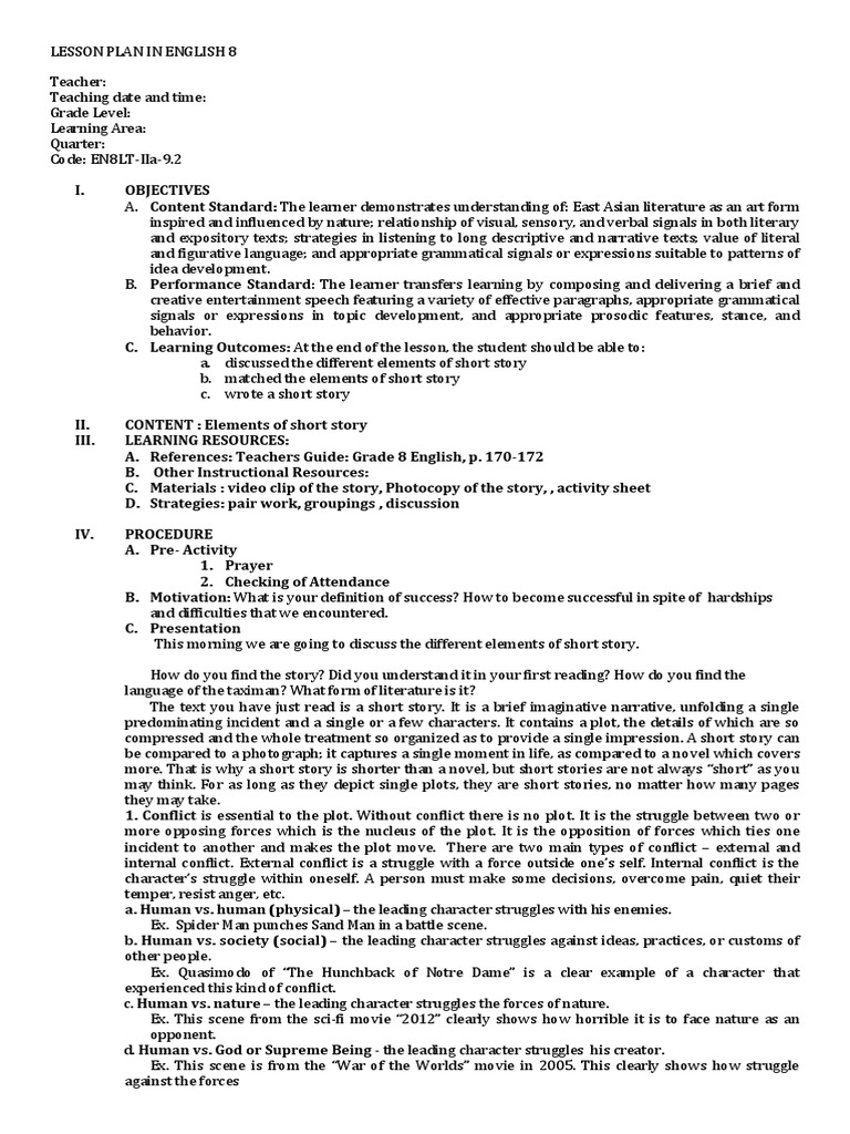 LESSON PLAN IN Elements of Short Story | PDF | Narration | Narrative