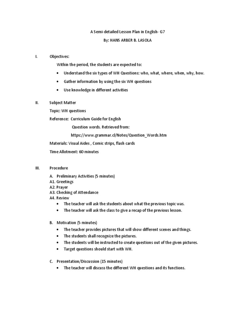 Wh-Questions 4as Lesson Plan Format | PDF | Question | Learning