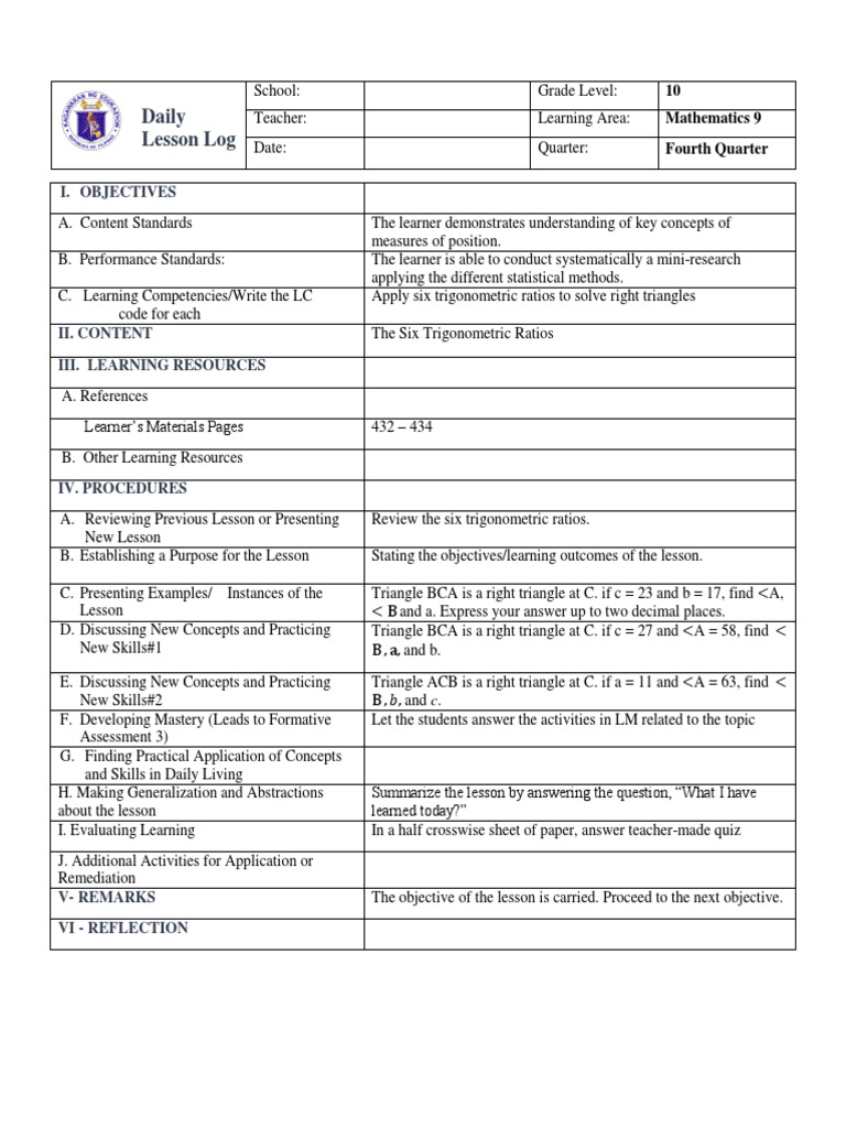 Daily Lesson Plan in Math 9 - Trigonometric Ratio | PDF | Lesson Plan ...