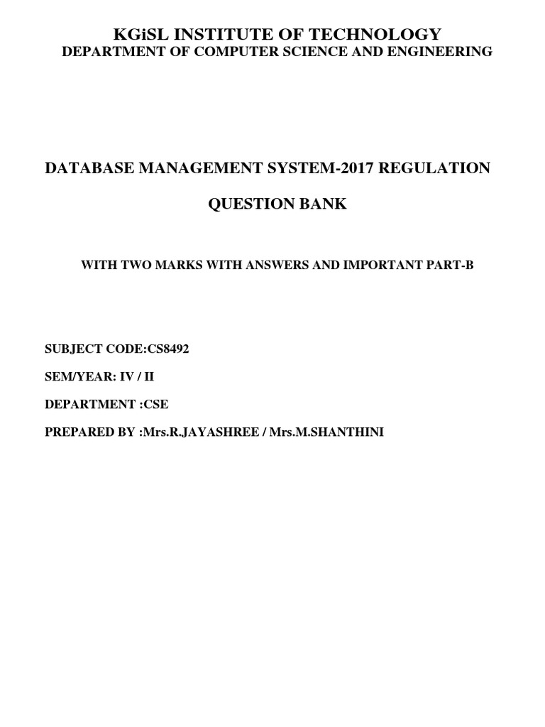 CS8492-Database Management Systems-2017r Question Bank | PDF | X Path | Databases