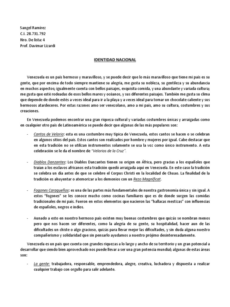 Ensayo de Identidad Nacional | PDF | Venezuela | Alimentos