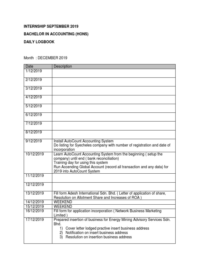 Logbook Template For IMS - Internship BIA (Hons) | PDF | Invoice ...