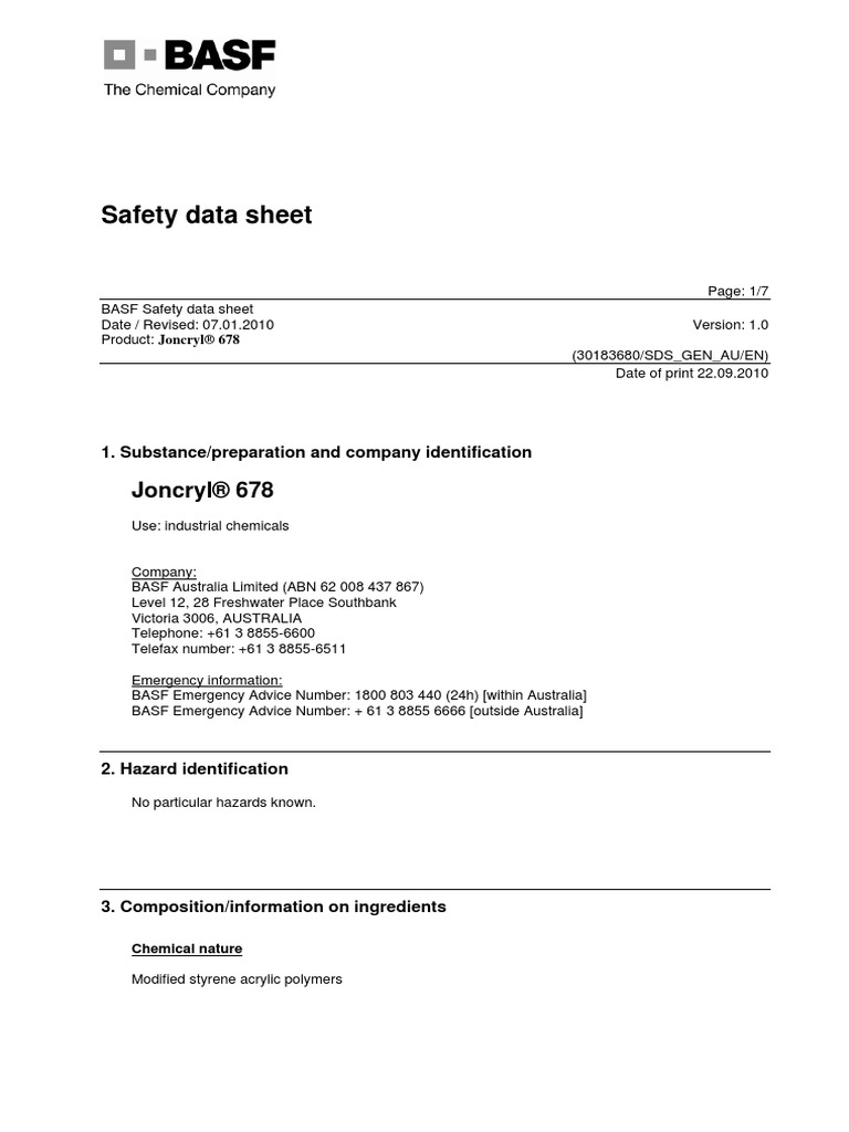 Joncryl 678 Safety Data Sheet | PDF | Dust | Toxicity