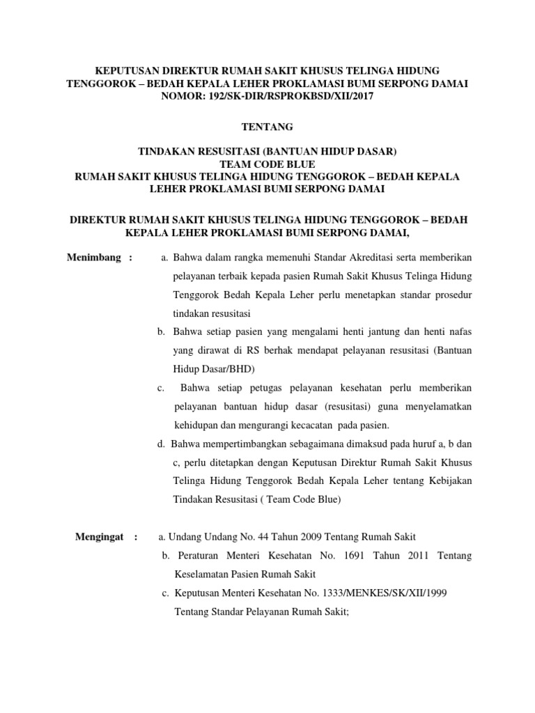 Kebijakan Resusitasi Code Blue RS Proklamasi | PDF | Kesehatan Holistik