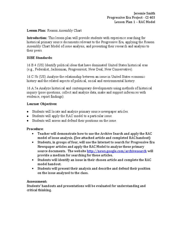 Lesson Plan: Reason Assembly Chart Introduction: This Lesson Plan Will ...