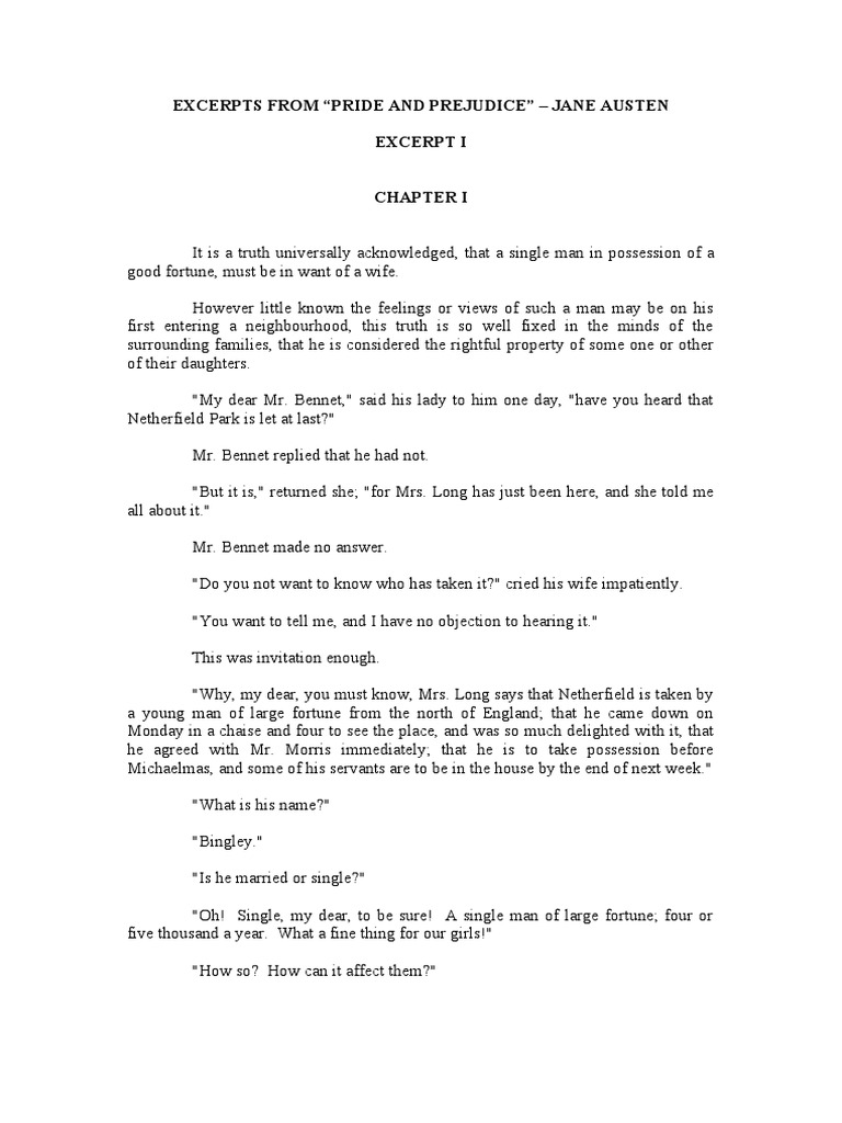Excerpt From Pride and Prejudice Jane Austen 2009 | PDF | Pride And ...