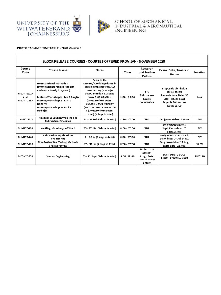 POSTGRADUATE TIMETABLE 2020 - M Eng Mechanical Engineering | PDF ...