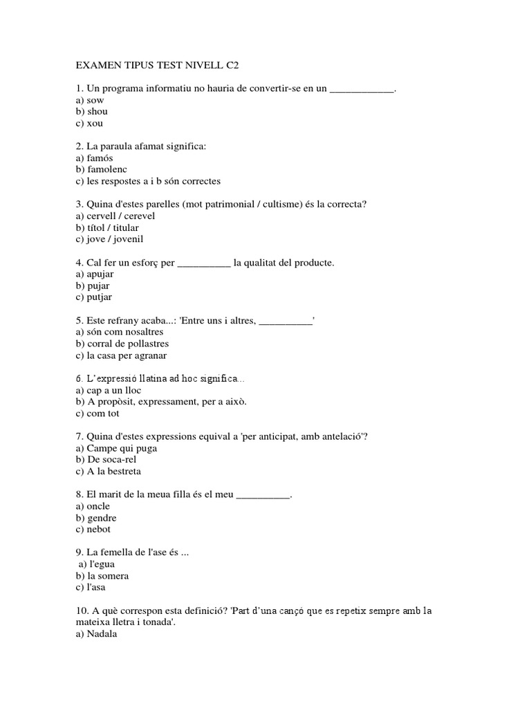 Examen Tipus Test Nivell C2 | PDF