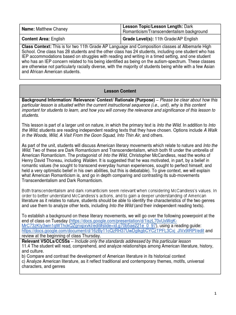 Dark Romanticism Lesson | PDF | Transcendentalism | Walden