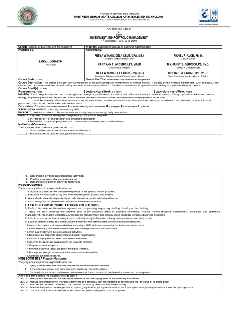 Investment and Portfolio Management - Course Syllabus 2018 | PDF ...