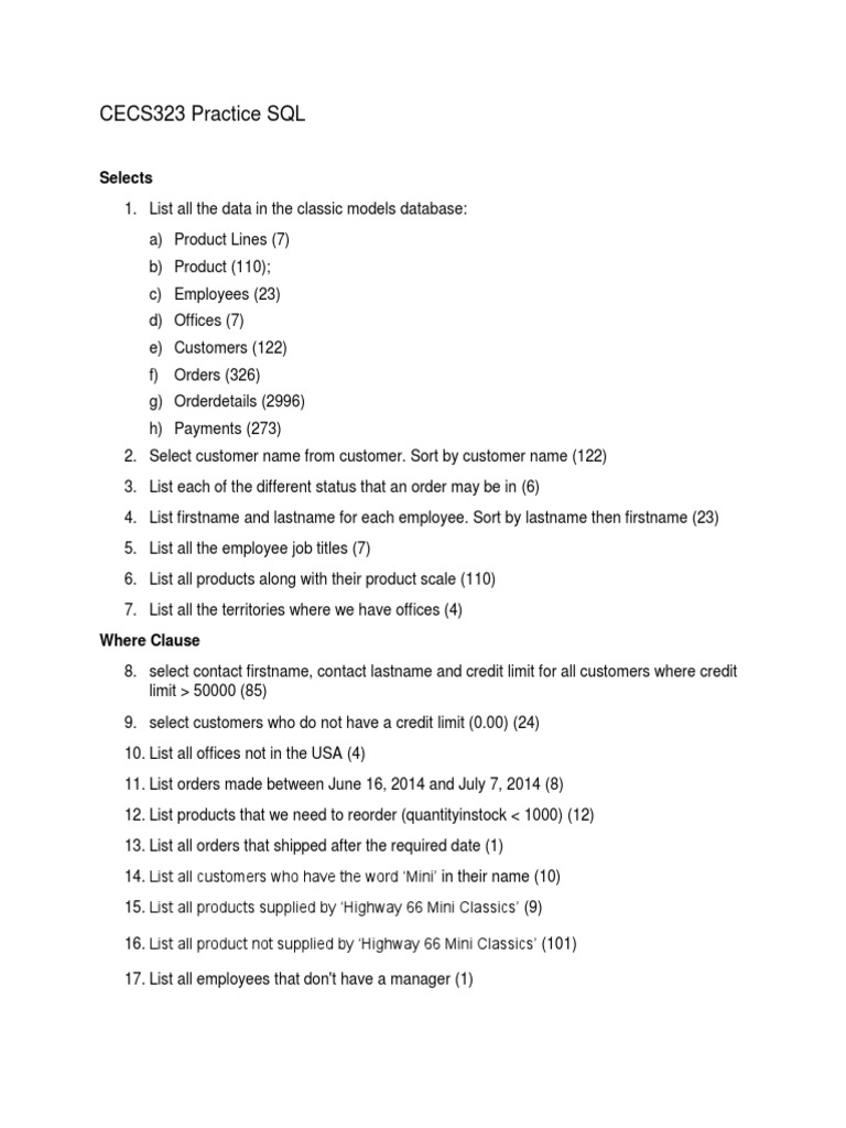CECS323 Classic Models Practice SQL | Download Free PDF | Data ...
