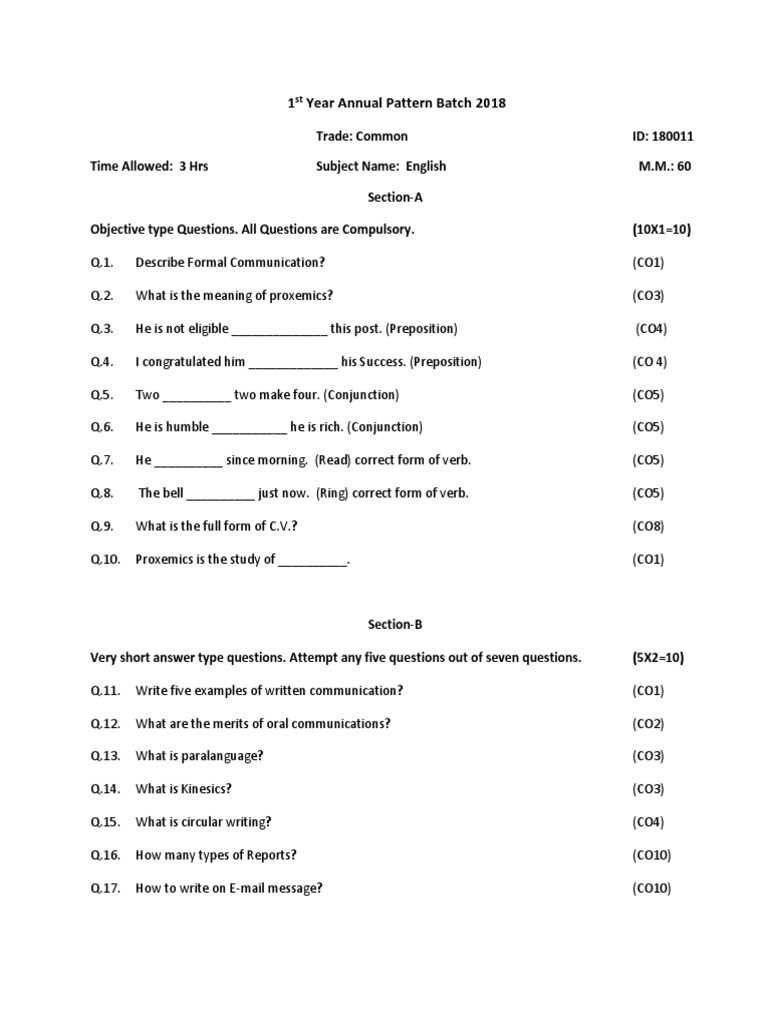 Sample Paper English (180011) | PDF | Communication | Psychological ...