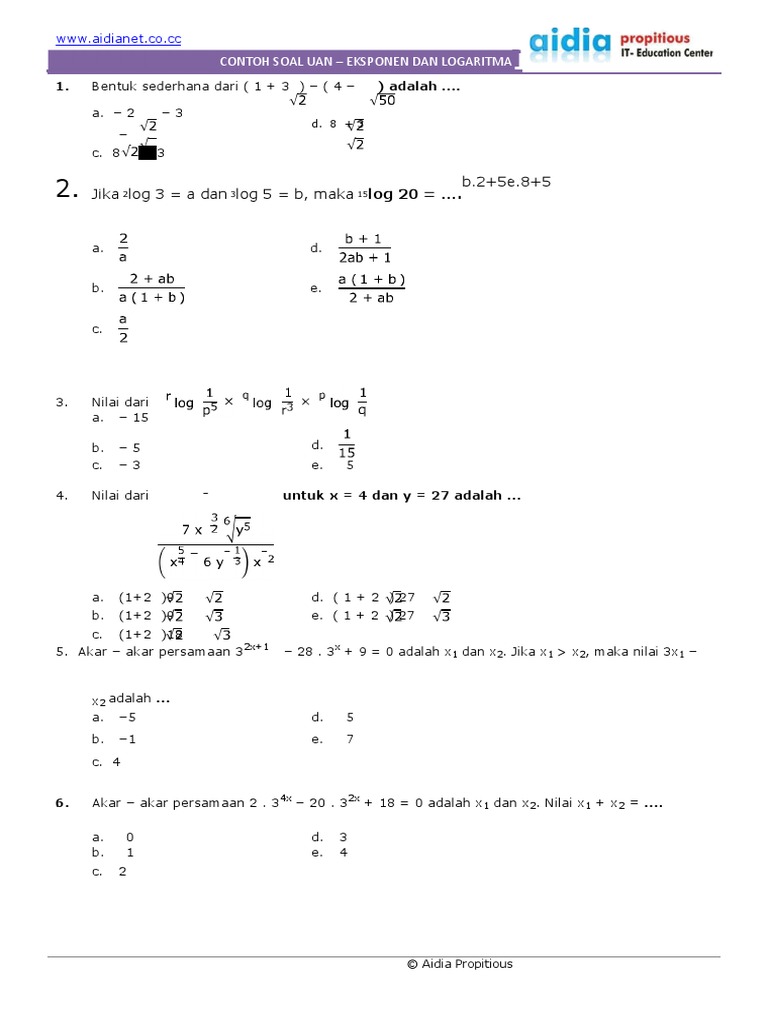 Contoh Soal Eksponen Dan Logaritma | PDF