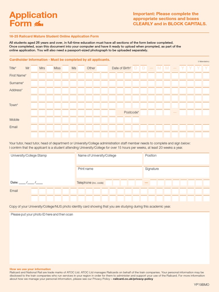 Online 16-25 Railcard Mature Student Form - Print at Home - 2019-20 B ...