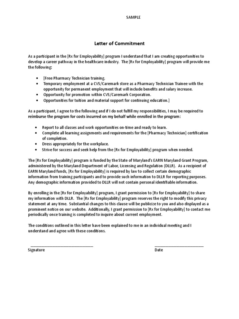 Commitment Letter for Pharmacy Training | PDF | Employment | Pharmacy