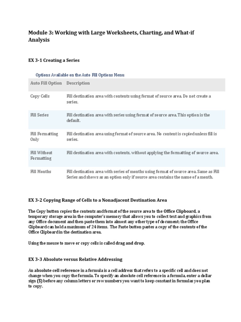 Excel - Module 3 (Working With Large Worksheets, Charting, and What If Analysis) | PDF ...