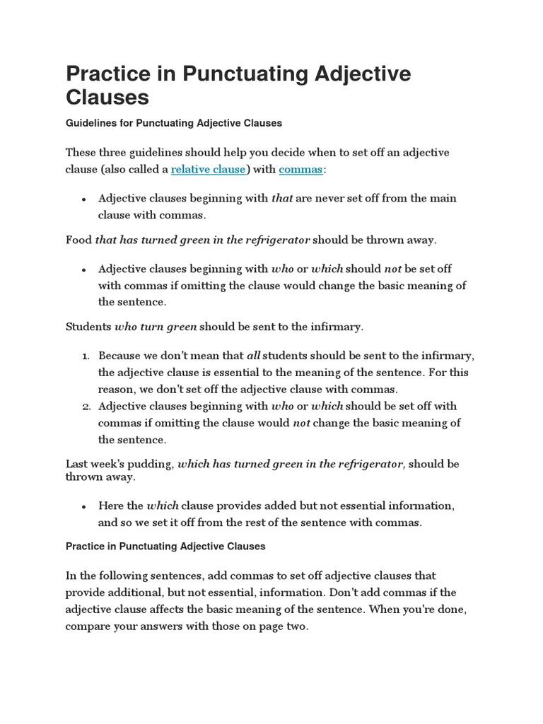 Practice in Punctuating Adjective Clauses | PDF | Comma | Grammar