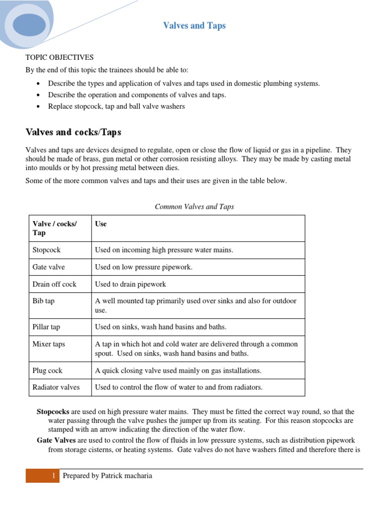 Taps and Valves Notes | PDF | Tap (Valve) | Valve