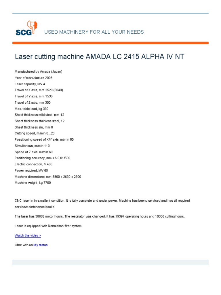 Laser Cutting Machine Amada LC 2415 Alpha IV NT | PDF
