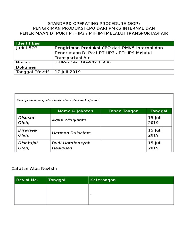 Sop Pengiriman Produksi Cpo Internal Dari PMKS (Air) | PDF