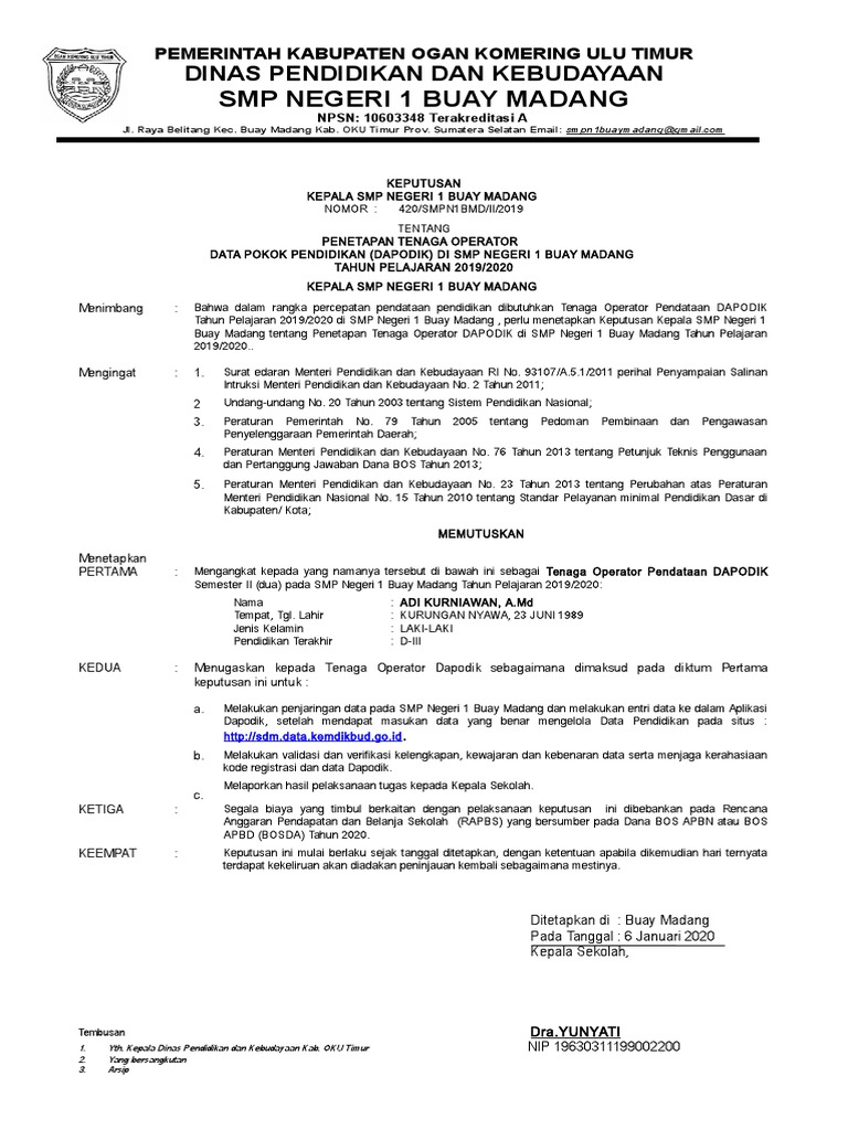 Contoh SK Operator Sekolah Dasar | PDF