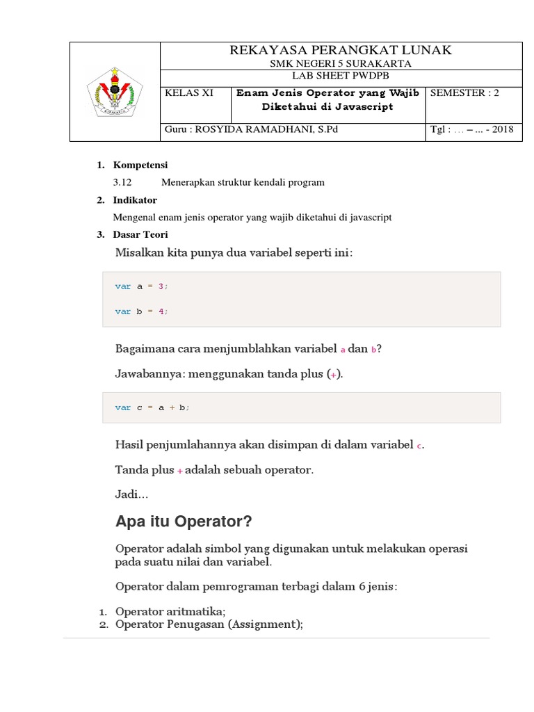 Jobsheet Javascript 6 - Enam Jenis Operator Yang Wajib Diketahui Di ...