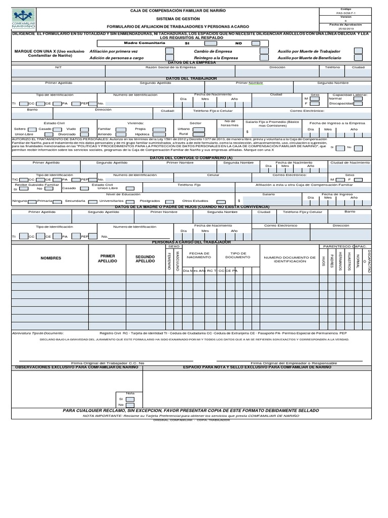 Formulario de Afiliación Comfamiliar Nariño | PDF | Gobierno | Instituciones sociales