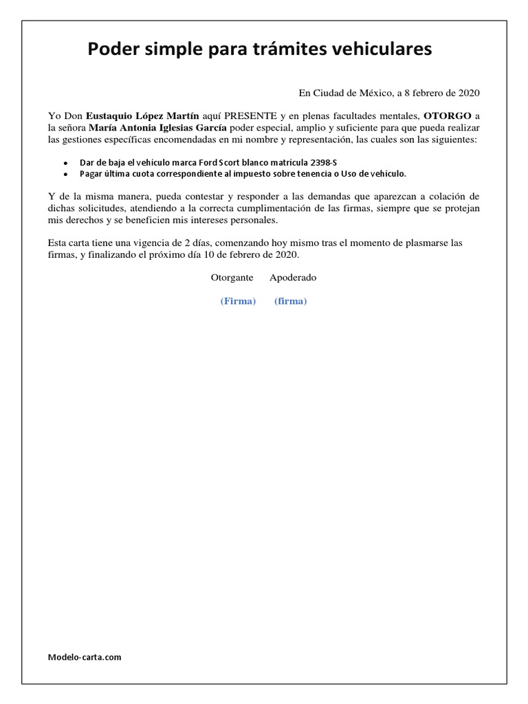 Poder Simple para Tramites Vehiculares | PDF