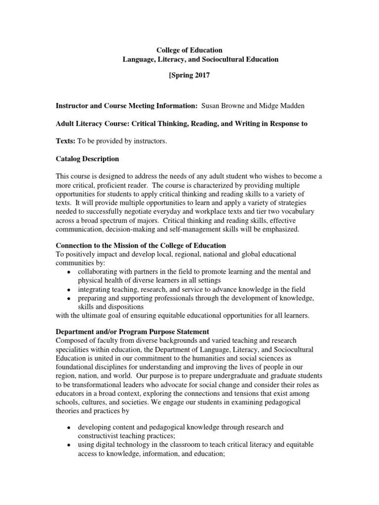 Adult Literacy Syllabus (Revised Critical Thinking Syllabus) | PDF | Reading Comprehension ...