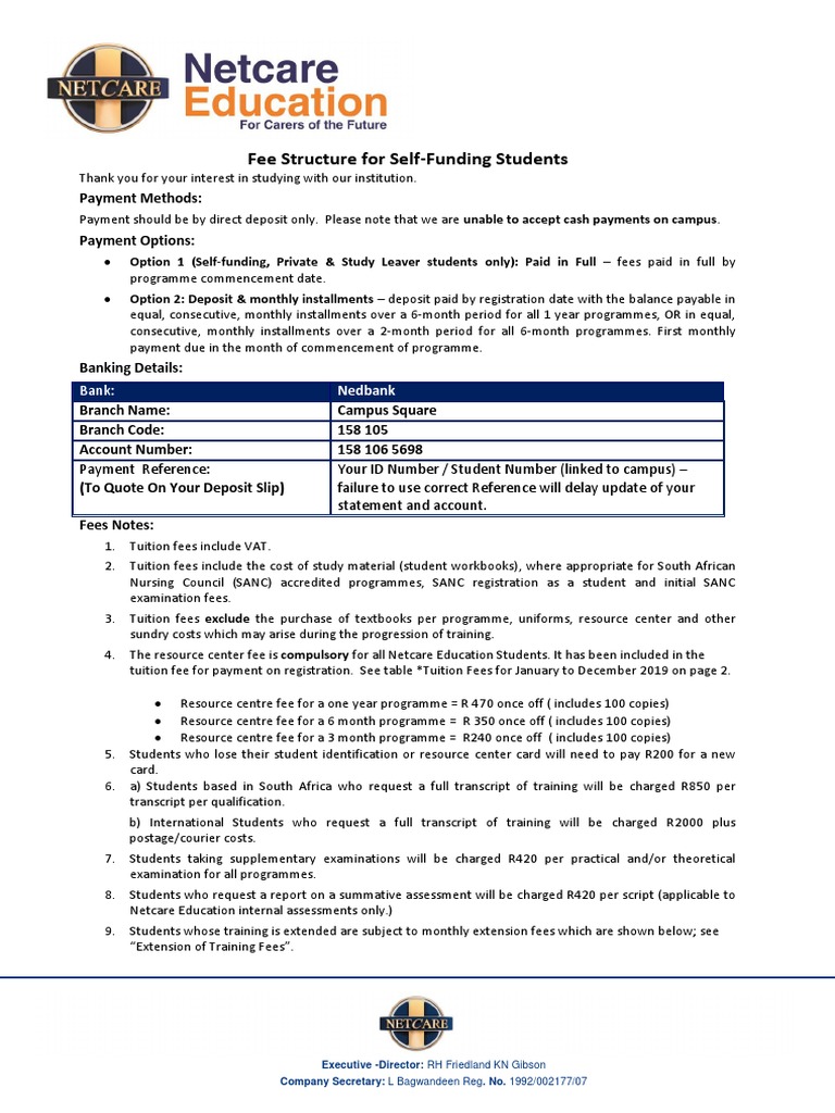 Netcare Education 2019 Tuition Fees For Self Funding Student PDF | PDF ...