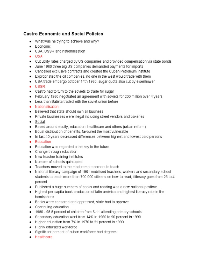 Castro Domestic Policies | PDF | Fidel Castro | Fulgencio Batista