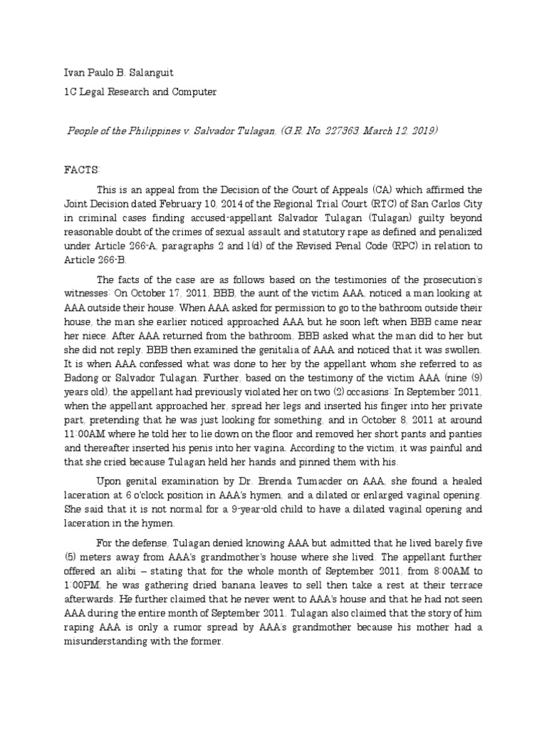 Legal Analysis: Tulagan Case | PDF | Sexual Assault | Rape