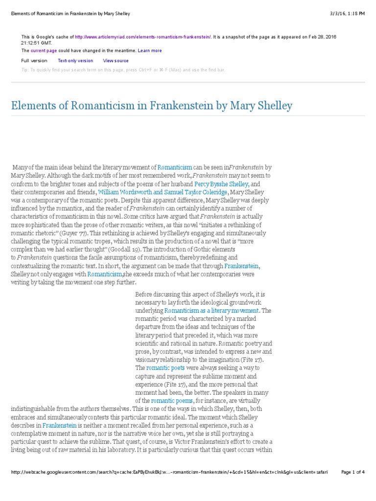 Elements of Romanticism in Frankenstein by Mary Shelley | PDF ...